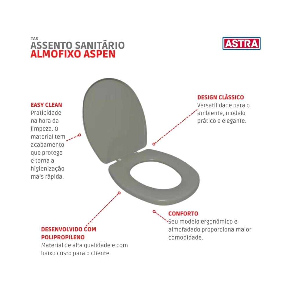 Assento Sanitário Almofixo Aspen Cinza Real Astra - ABC da Construção