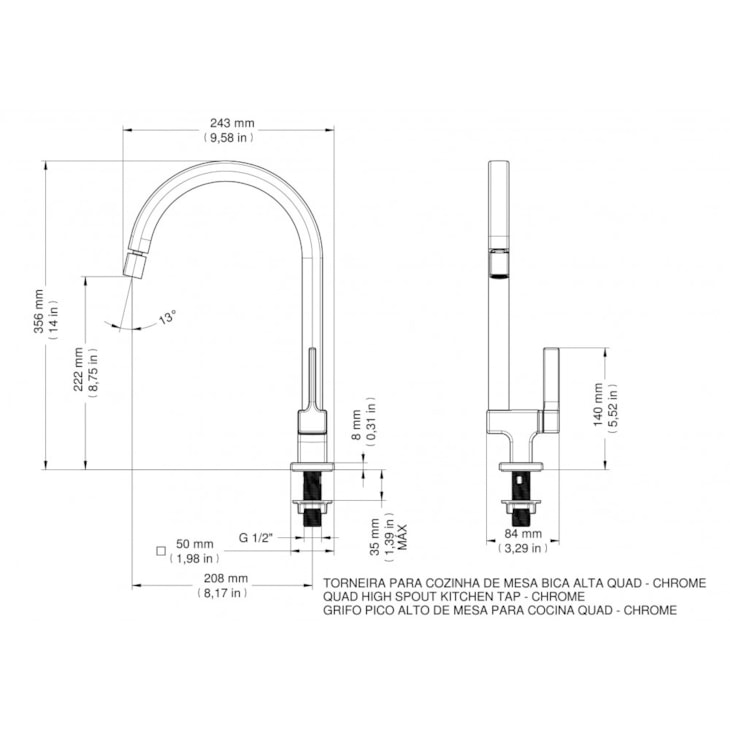 Torneira Para Cozinha De Mesa Quad Bica Alta Cromada Docol Abc Da